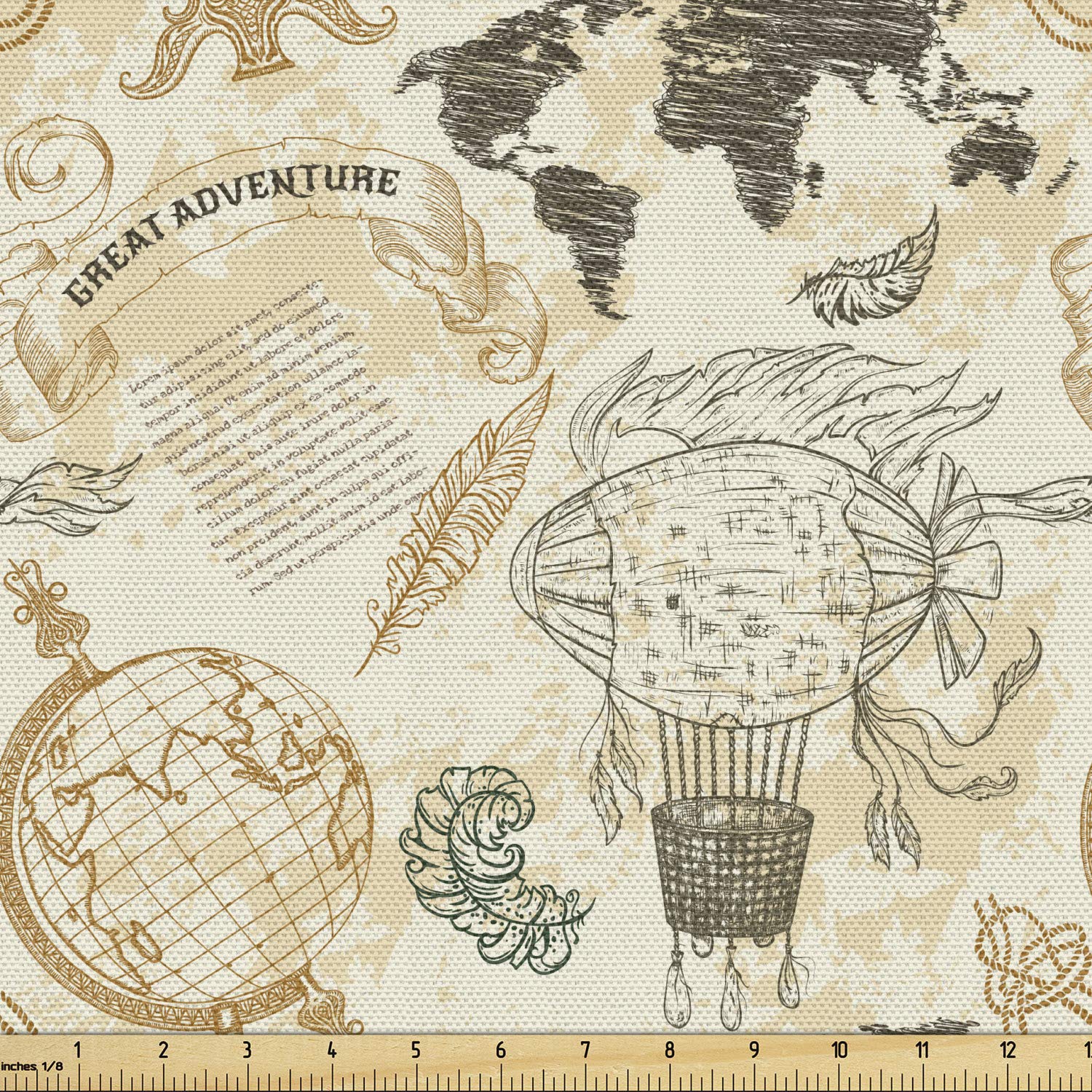 Ambesonne World Map Fabric by The Yard, Pattern Vintage Globe Atlas Theme Airship Knots Ribbon Retro Print, Decorative Fabric for Upholstery and Home Accents, 5 Yards, Beige Green