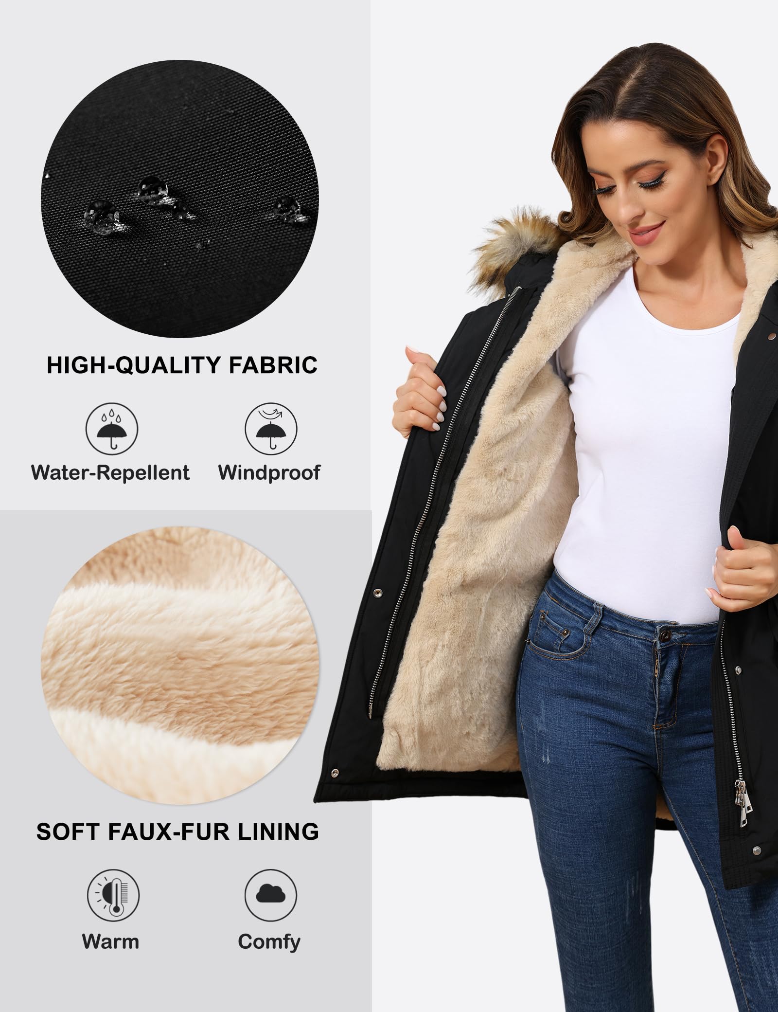 ROYAL MATRIX Women's Winter Coats Fleece Lined Parka Jacket Hooded Long Winter Warm Parka Coat with Pockets Black,8