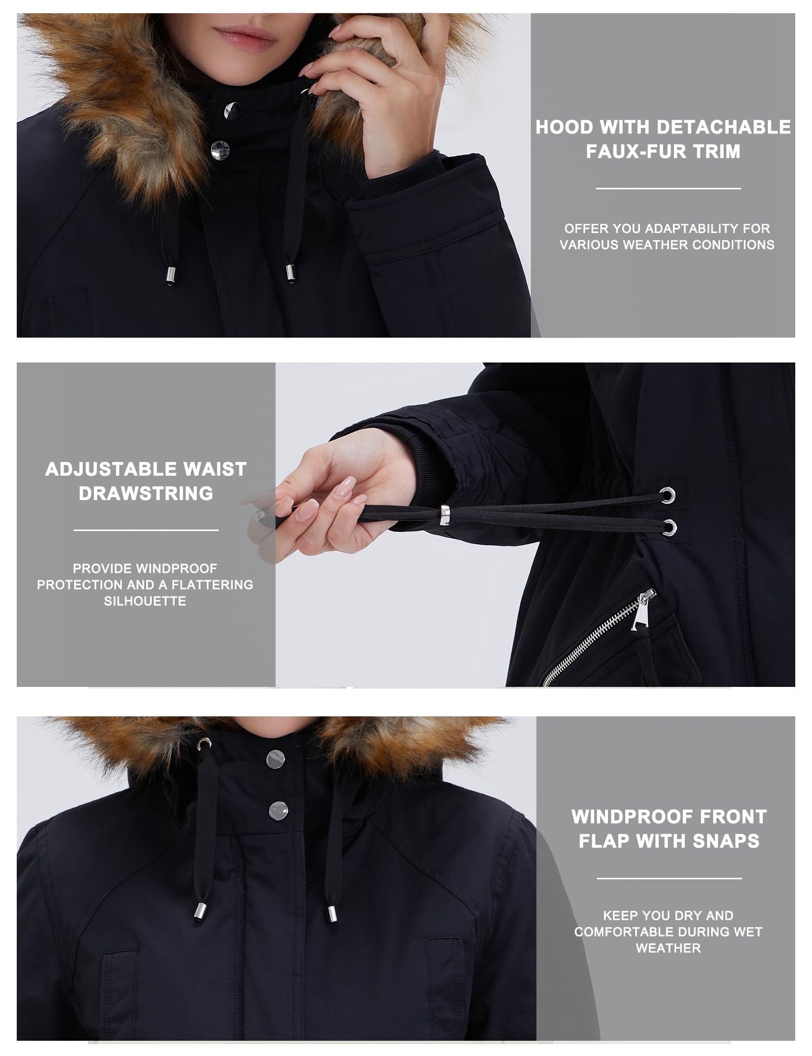 ROYAL MATRIX Women's Winter Coats Fleece Lined Parka Jacket Hooded Long Winter Warm Parka Coat with Pockets Black,8