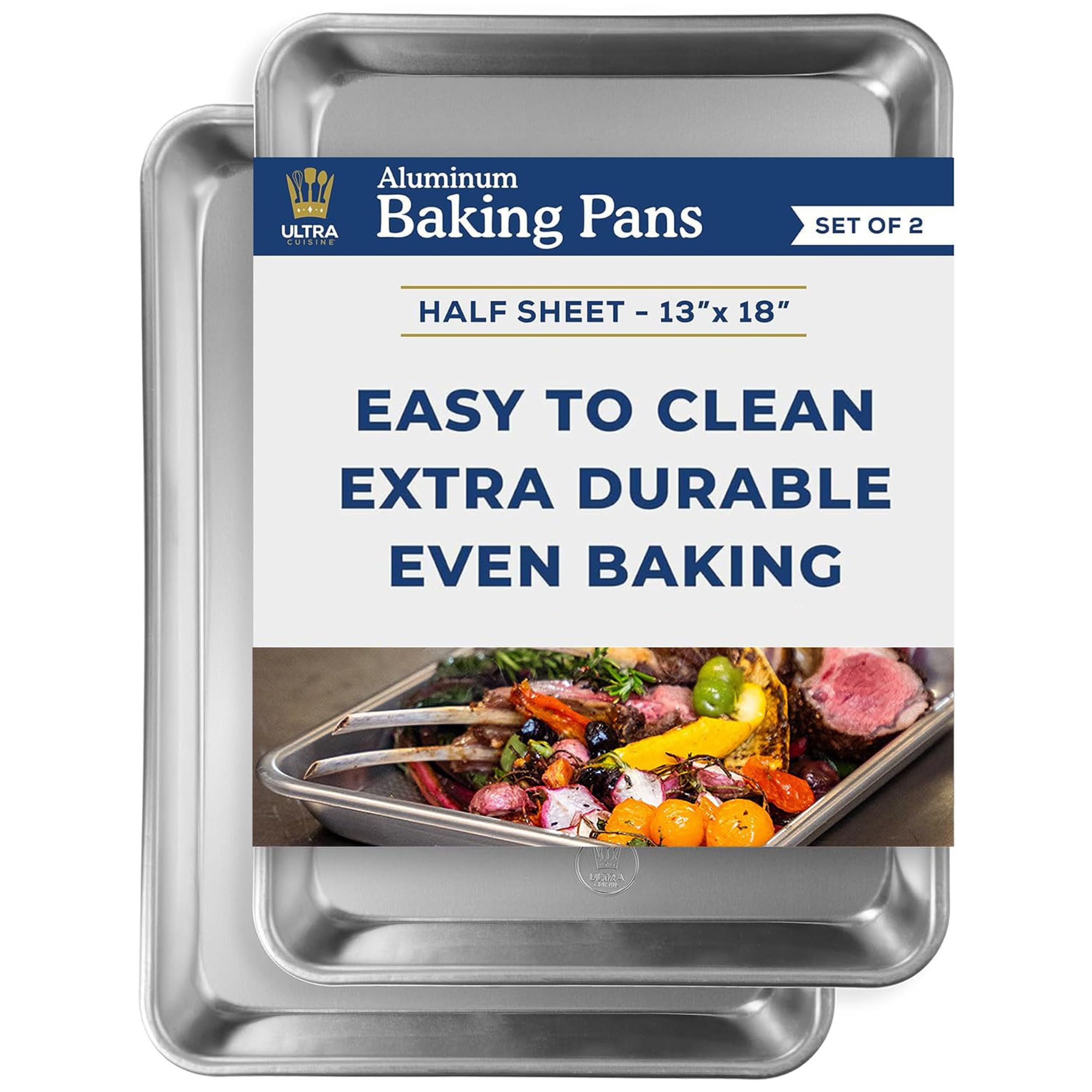 Ultra Cuisine Baking Sheet Pan Set of 2- Professional Bakeware for Roasting, Cooking & More - Food Safe, Warp Resistant, Bake Trays for Oven - Rimmed Half Cookie Sheets for Baking (Aluminum 18 x13")