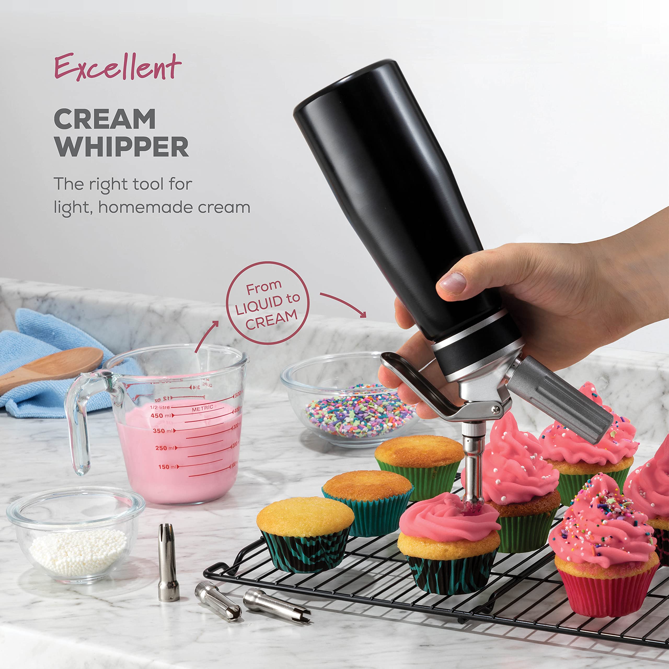 FineDine Professional Whipped-Cream Dispenser - Highly Durable Aluminum Cream Whipper, 3 Various Stainless Culinary Decorating Nozzles and 1 Brush - Canister with Recipe Guide - Homemade Cream Maker