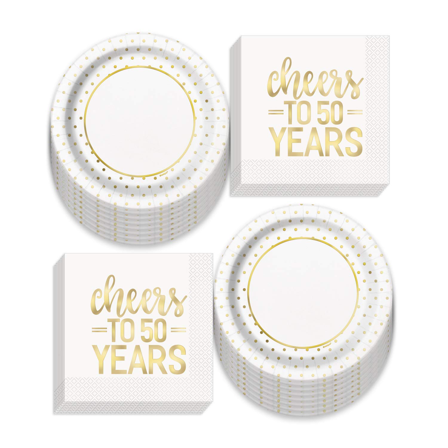 Cheers to 50 Years Birthdays and Anniversary Party Plates and Napkins - Fancy Gold Metallic Dots Paper Dinner Plates and Luncheon Napkins, (Serves 16)
