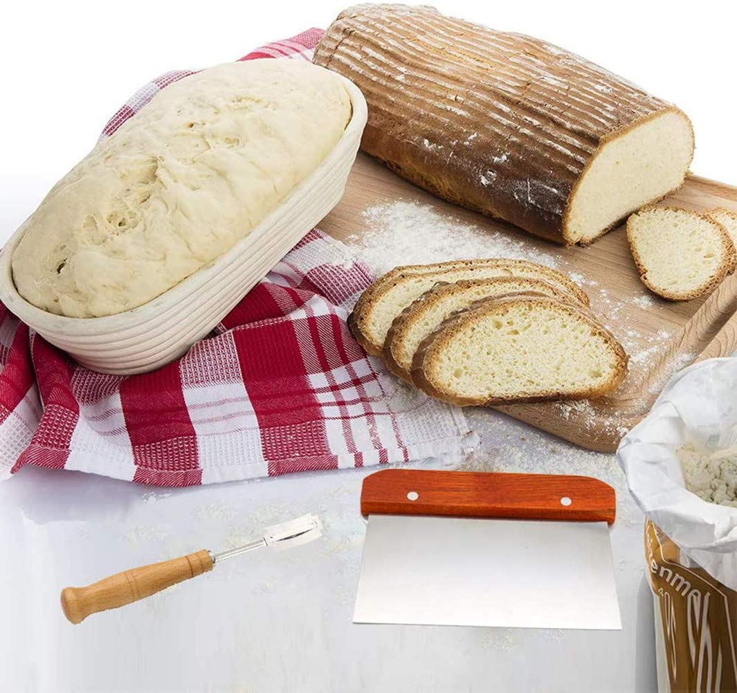 10" Oval Bread Banneton Proofing Basket for Sourdough, Includes Linen Liner, Metal Dough Scraper, Scoring Lame & Case, Extra Blades, Rising Dough Baking Bowl Gifts for Artisan Bread Making Starter