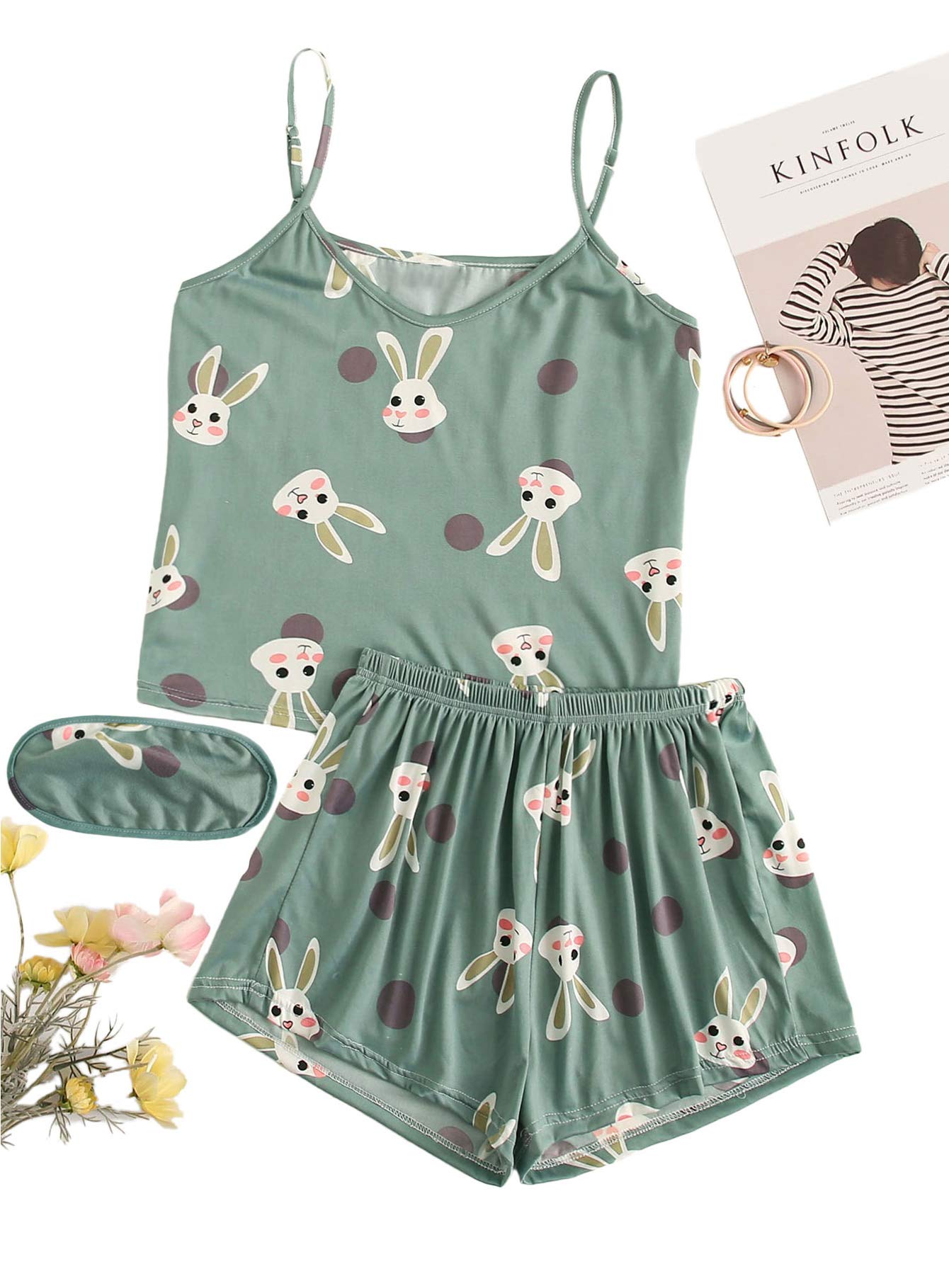 SheIn Women's Cute Cartoon Print Cami Top and Shorts Pajama Set with Eye Mask Green Rabbit Medium