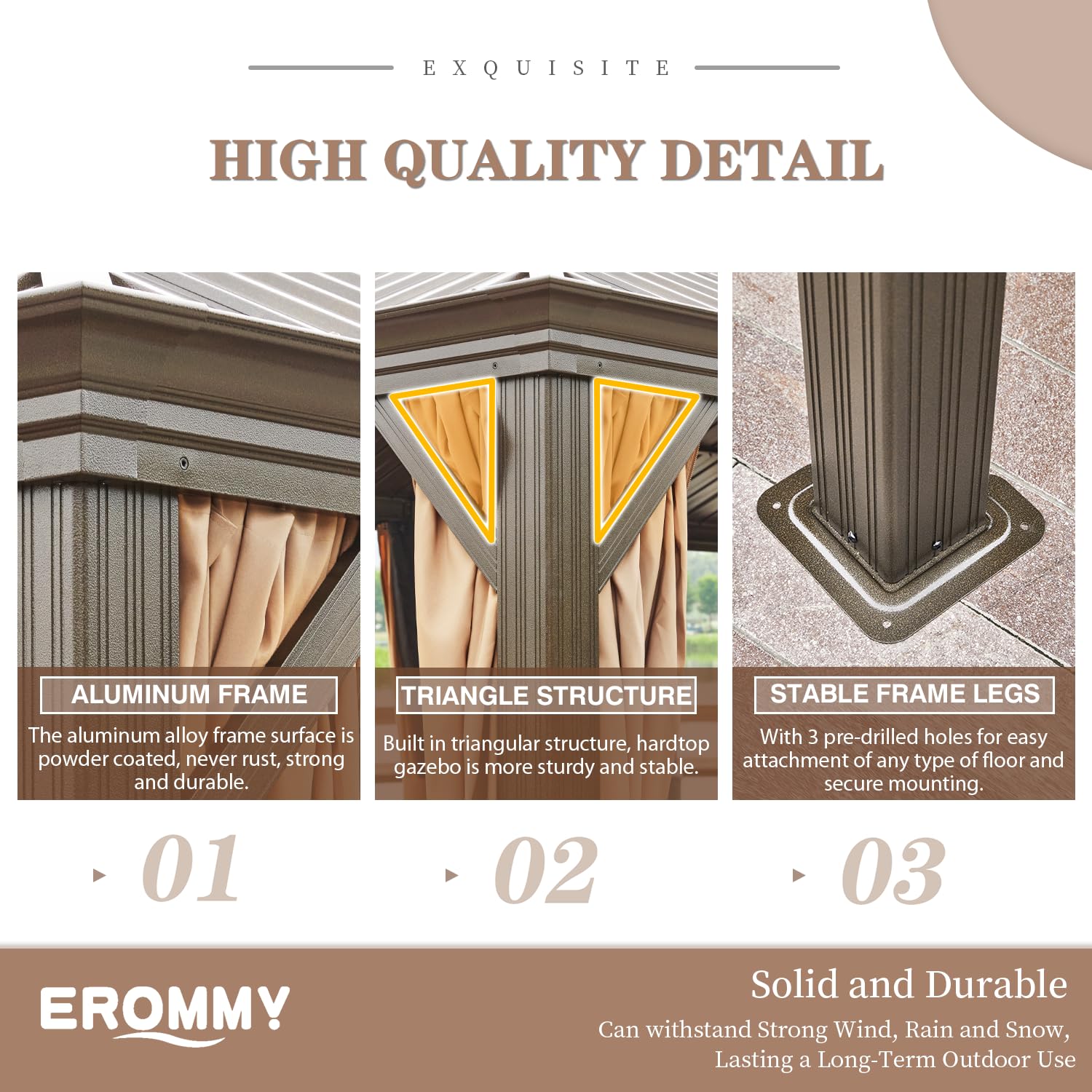 EROMMY 10'x13' Hardtop Gazebo, Galvanized Steel Outdoor Aluminum Canopy with Netting and Shaded Curtains, Double Roof Pergolas, Permanent Metal Pavilion for Patio, Backyard, Deck and Lawns, Brown