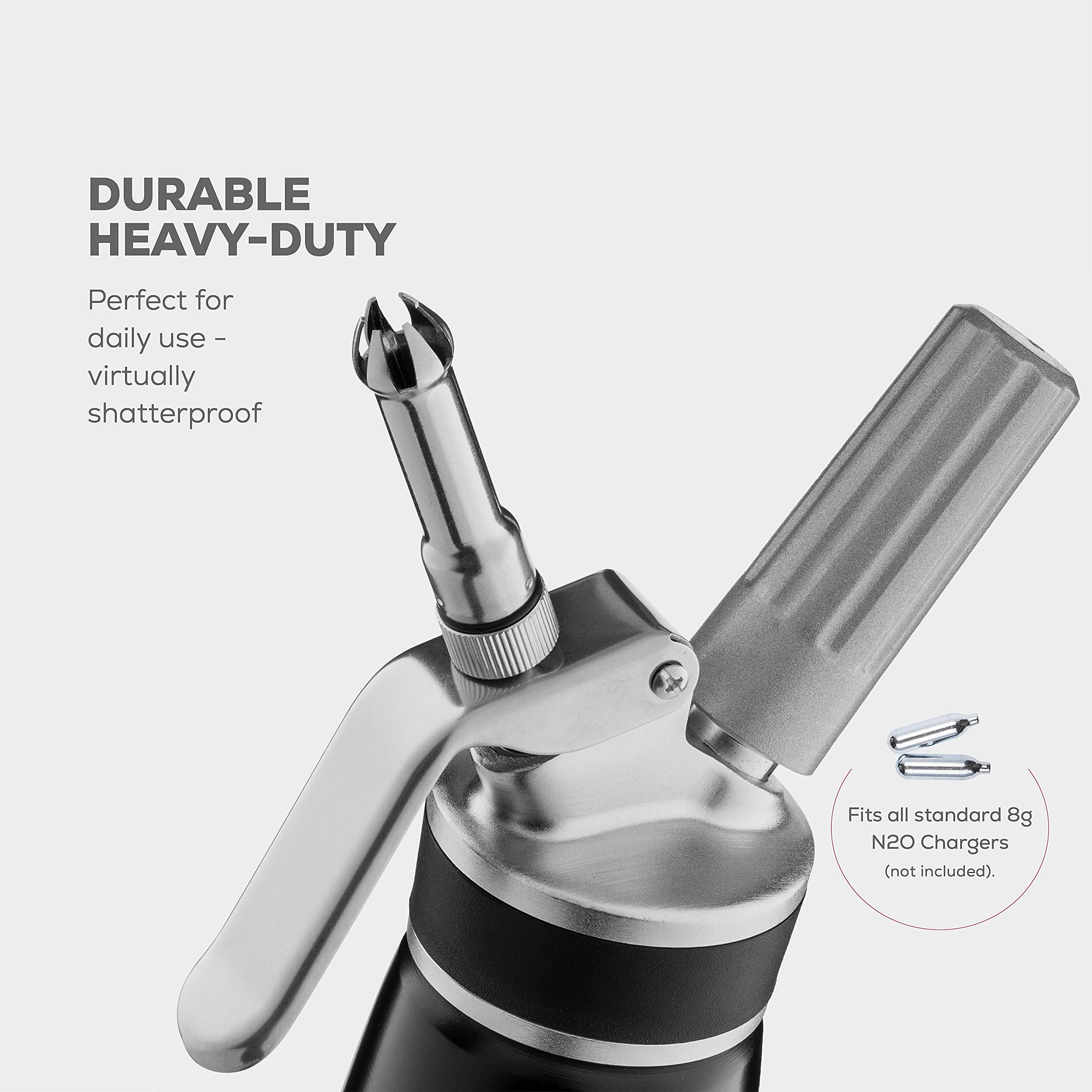 FineDine Professional Whipped-Cream Dispenser - Highly Durable Aluminum Cream Whipper, 3 Various Stainless Culinary Decorating Nozzles and 1 Brush - Canister with Recipe Guide - Homemade Cream Maker