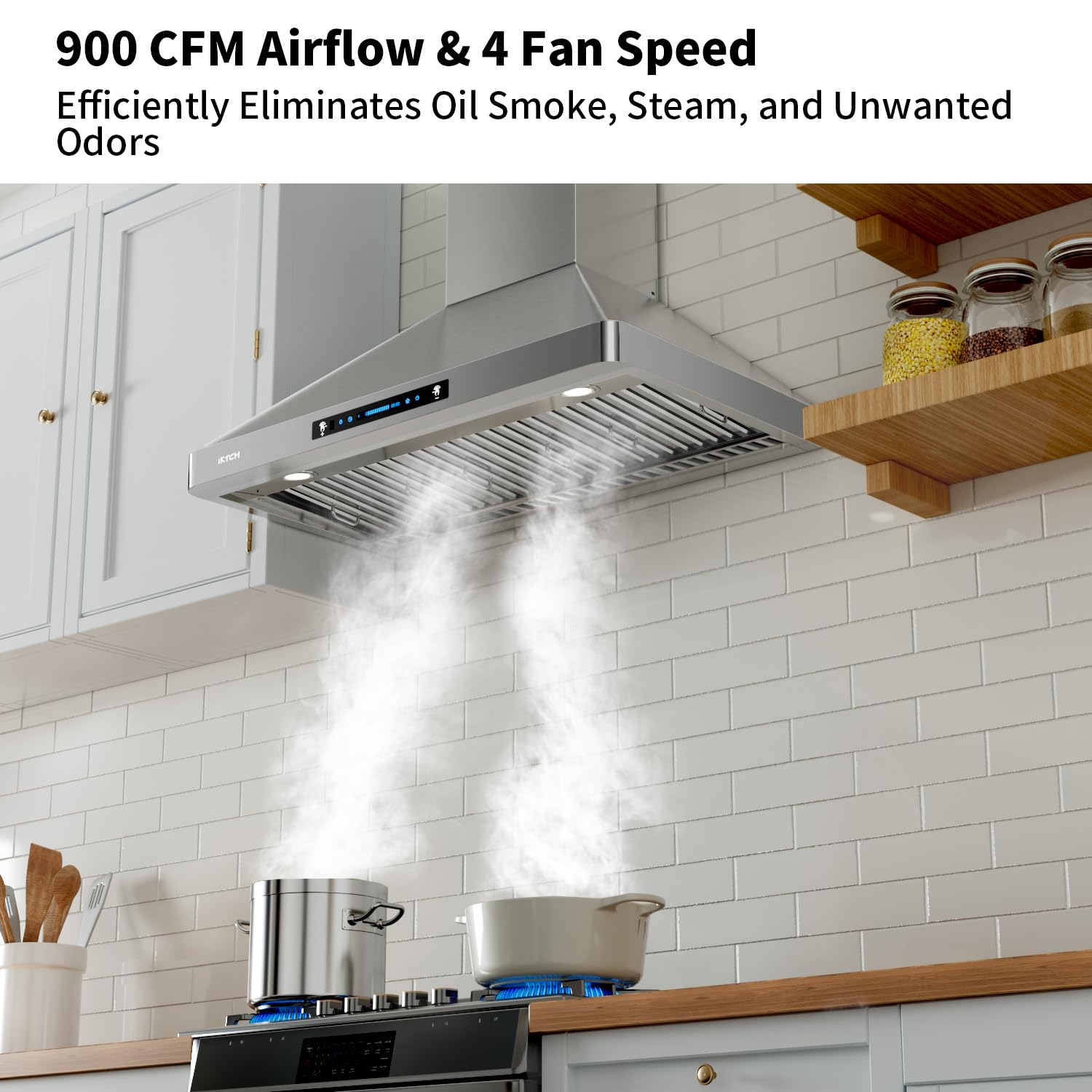 IKTCH Wall Mounted Range Hood 30 inch, 900 CFM Ducted/Ductless Range Hood, Stainless Steel Range Hood with Gesture Sensing & Touch Control IKP02R-30