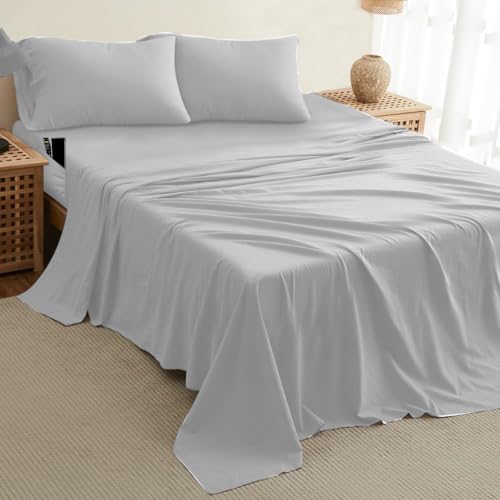 DREAMCARE Full Size Sheets - Cooling Bed Sheets - 4pcs Set - up to 15" Deep Pocket Full Sheet Set - Sheets Full Size Bed - Soft & Long Lasting 100% Fine Brushed Polyester with Side Pocket - LightGray