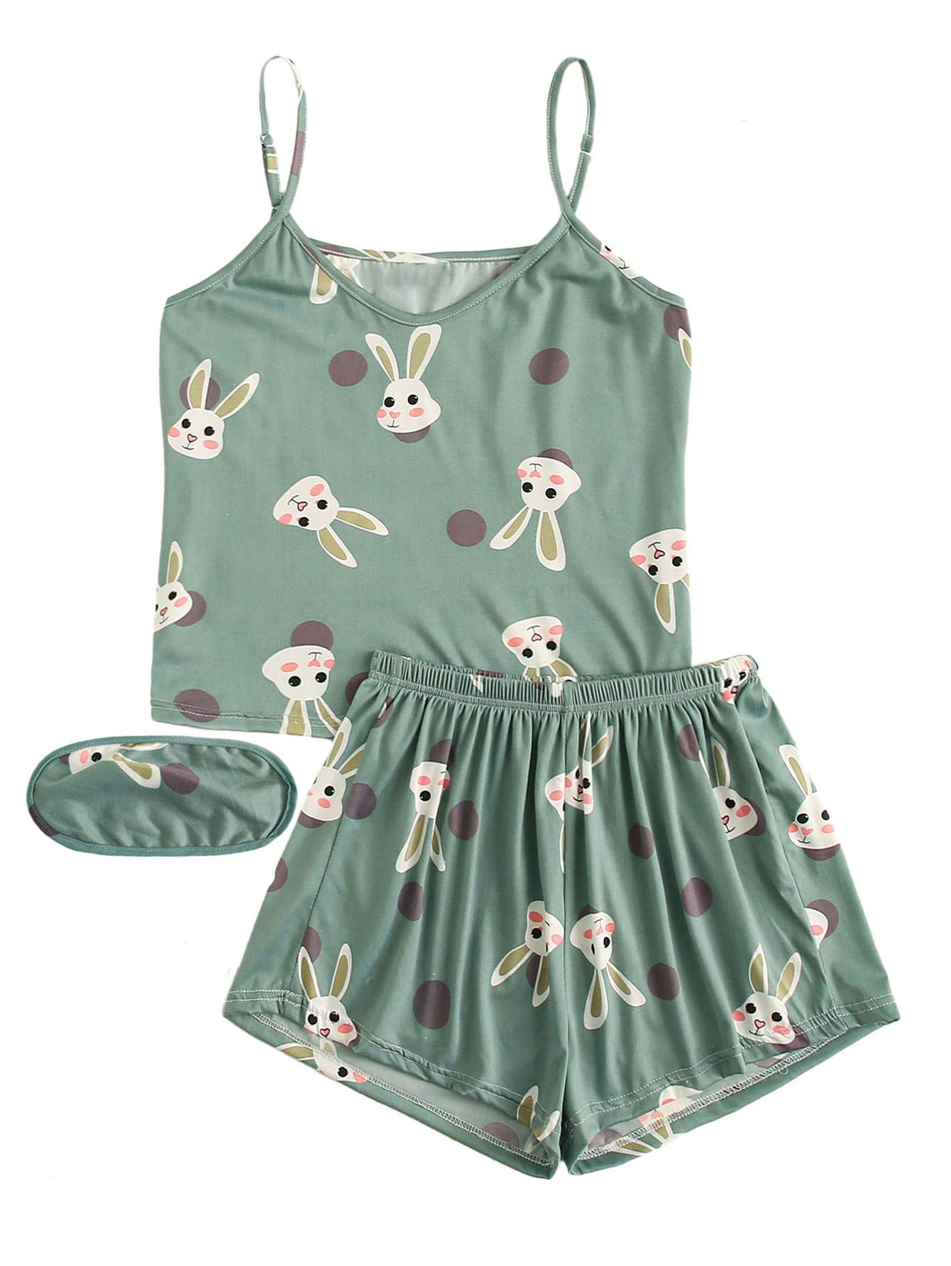 SheIn Women's Cute Cartoon Print Cami Top and Shorts Pajama Set with Eye Mask Green Rabbit Medium