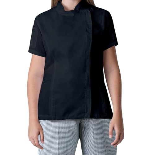 Lazzar Women's Chef Coat | Short Sleeves | Dryfit, Lightweight | Concealed Zipper With Flap | Thermometer & Instrument Pockets (Black, Large)