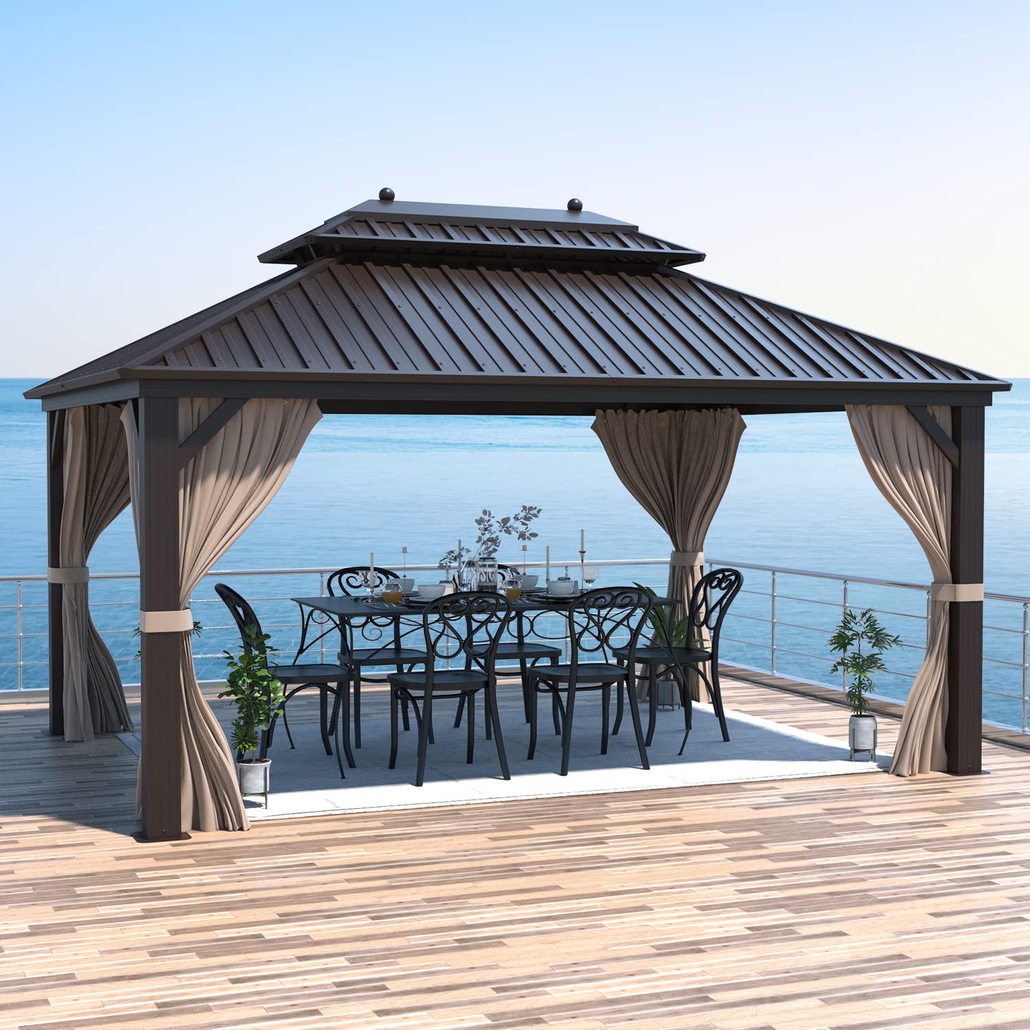 EROMMY 10'x13' Hardtop Gazebo, Galvanized Steel Outdoor Aluminum Canopy with Netting and Shaded Curtains, Double Roof Pergolas, Permanent Metal Pavilion for Patio, Backyard, Deck and Lawns, Brown