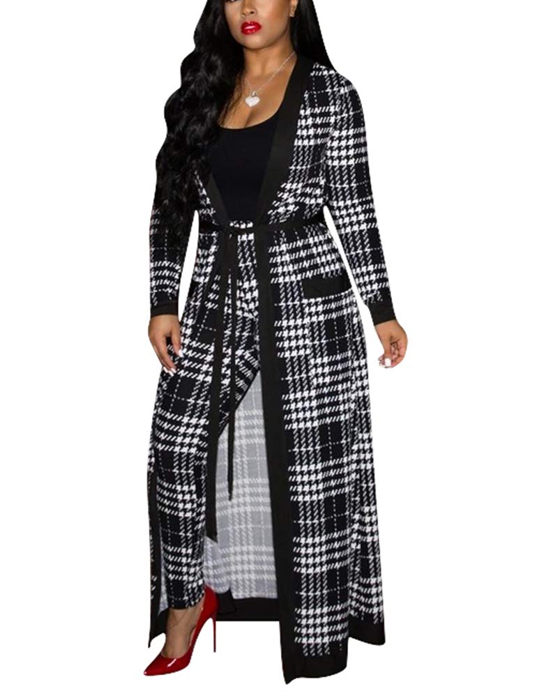 Sexy Two Piece Outfits for Women - Long Sleeve Open Front Cardigans + Skinny Pants Suits with Belt Large Black Grey