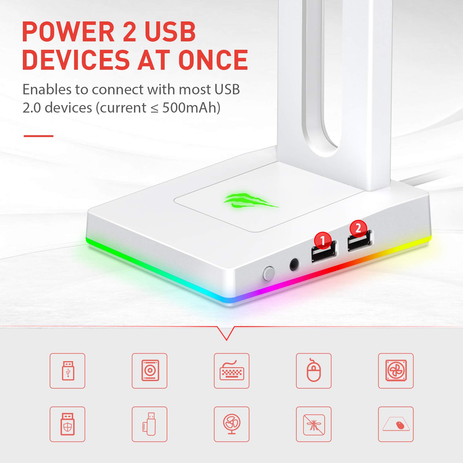 havit RGB Headphones Stand with 3.5mm AUX and 2 USB Ports, Headphone Holder for Gamers Gaming PC Accessories Desk (White)