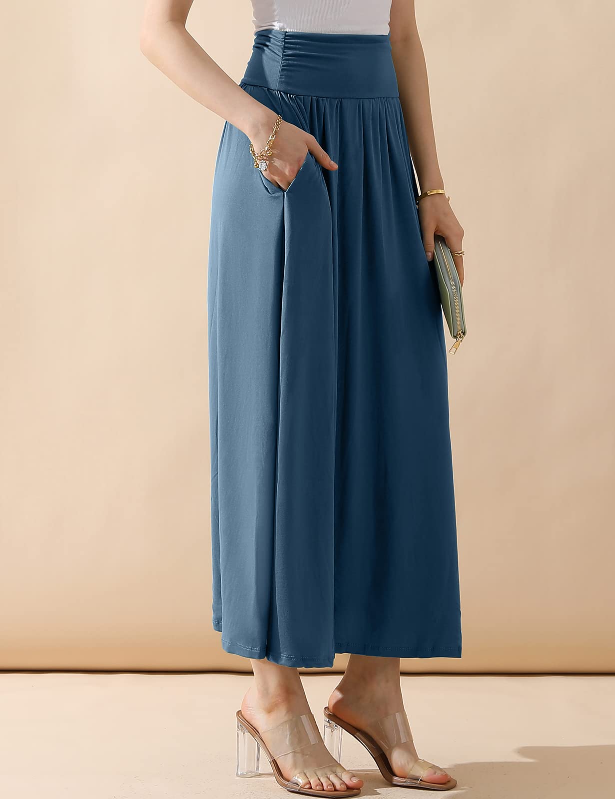 DOUBLJU Casual High Waisted Maxi Skirts with Pocket Elastic Wide Waist Band Flare Long Basic Skirts for Women Trendy Summer
