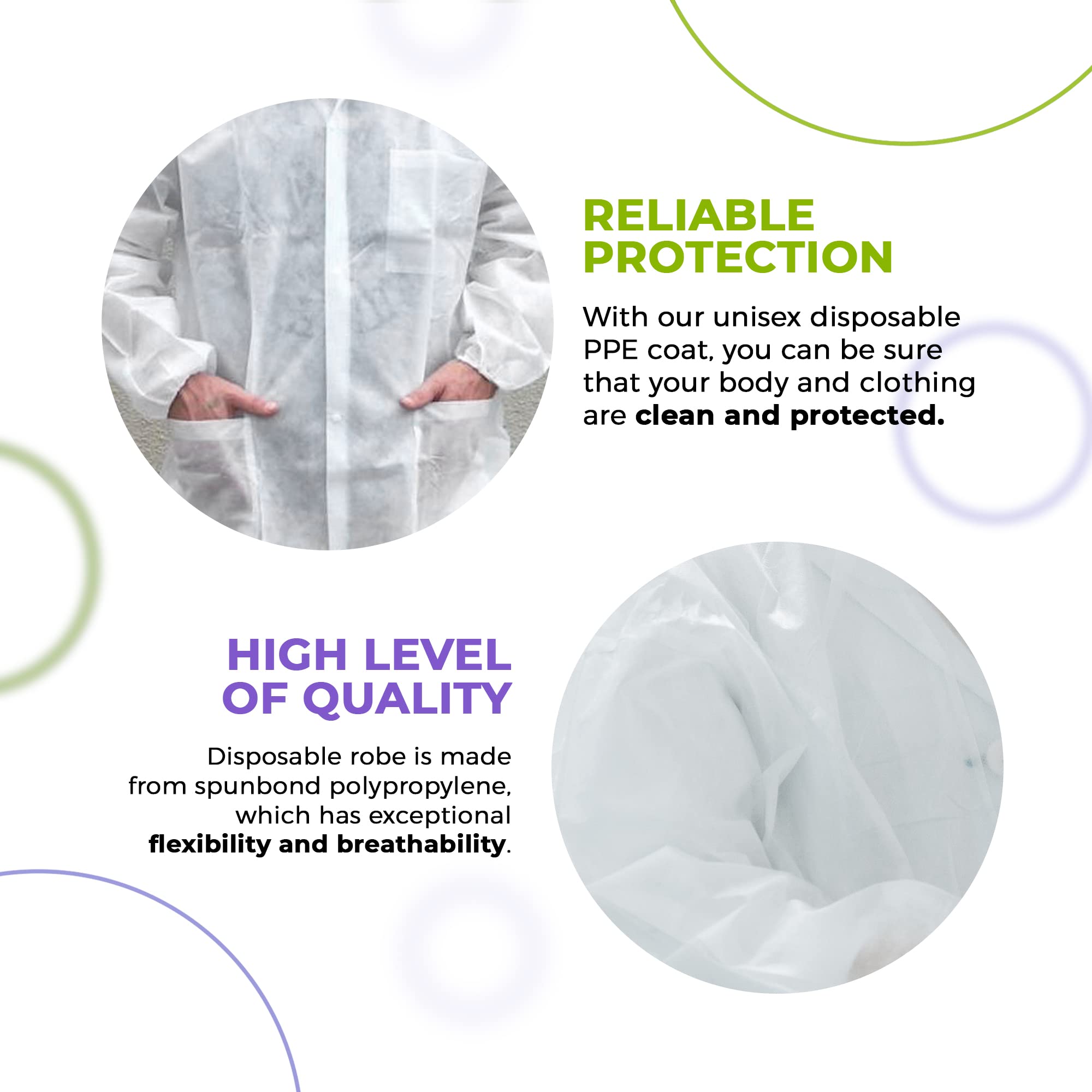 AMZ Medical Supply White Disposable Lab Coat Women and Men, Large. Pack of 50 Medical PPE Coat. Spunbonded PP 30 GSM Disposable Lab Coats for Adults with Elastic Wrists, Front Snaps, Pockets