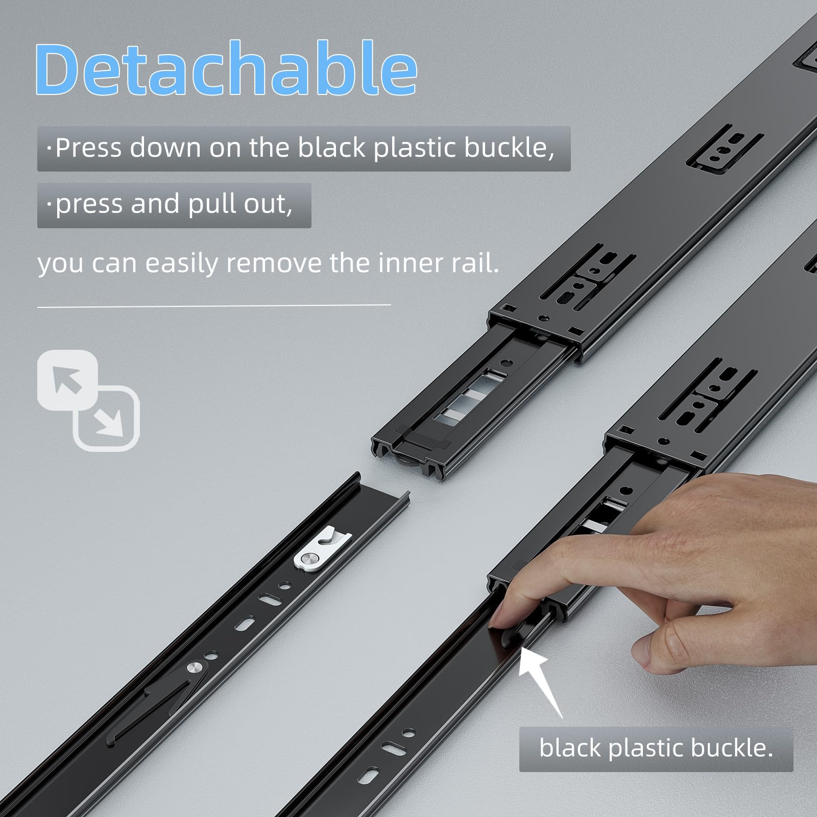AOLISHENG 1 Pair Push to Open Drawer Slides 12 14 16 18 20 22 24 Inch 100 lb Load Capacity Side Mount Handleless Ball Bearing Full Extension Touch Open Rails Cabinet Metal Runner Dresser Glide Black