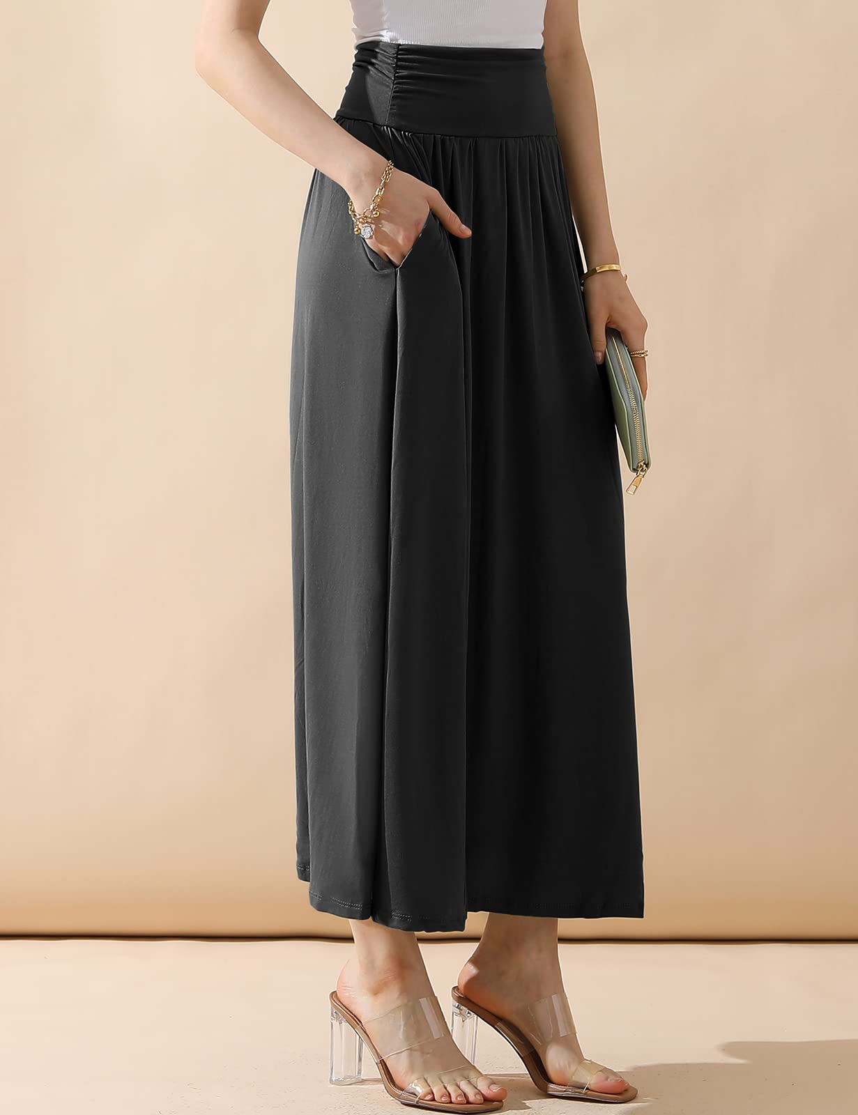 DOUBLJU Casual High Waisted Maxi Skirts with Pocket Elastic Wide Waist Band Flare Long Basic Skirts for Women Trendy Summer