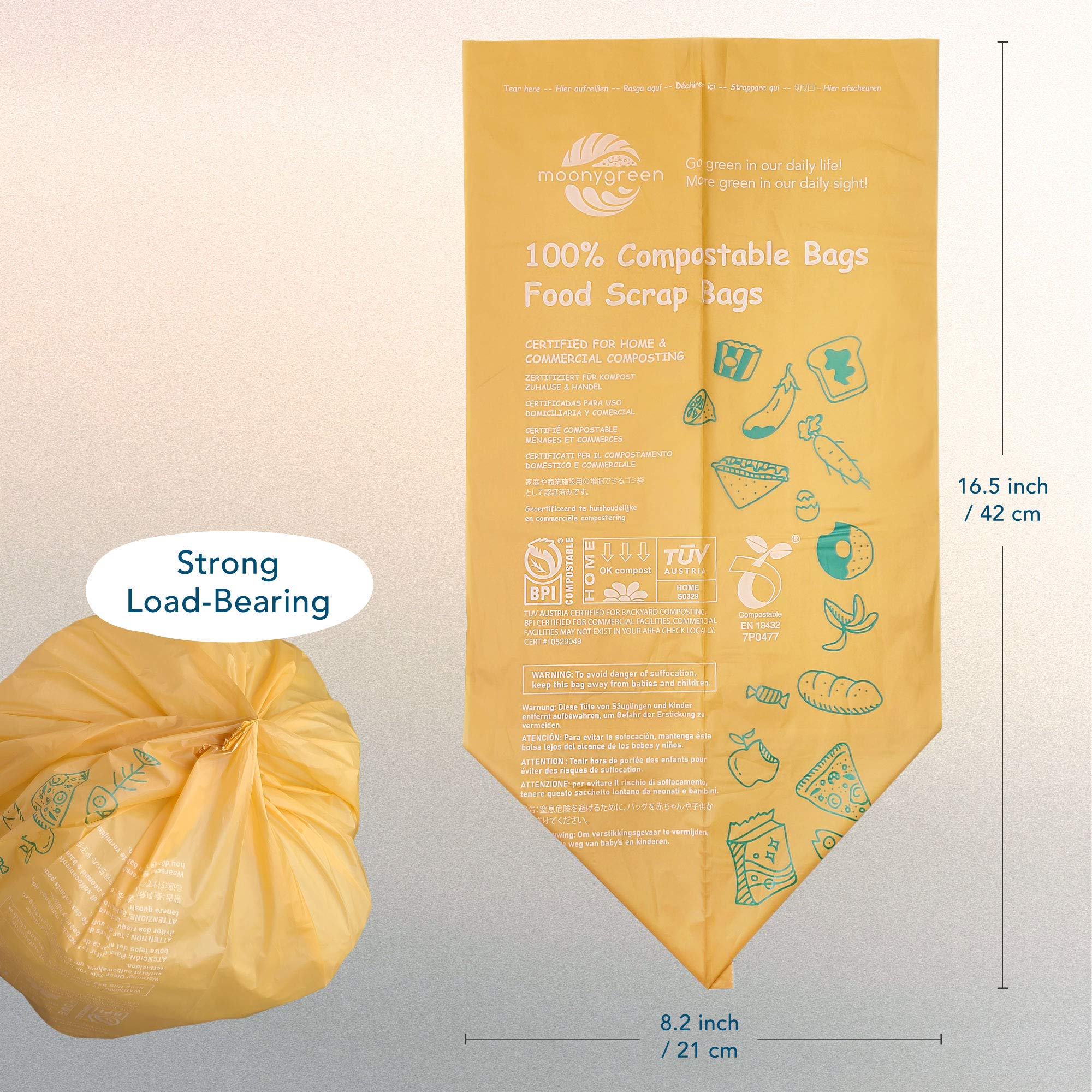Moonygreen Compost Bags Small Trash Bags 2.6 Gallon, Extra Thick, US BPI ASTM D6400 Certified Compostable Food Scrap Kitchen Waste Bags, 100 Count