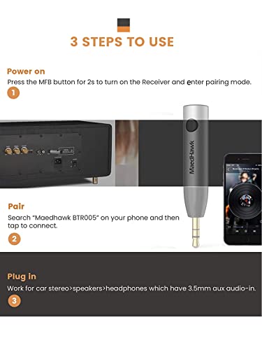 Bluetooth 5.0 Receiver, MaedHawk Bluetooth Aux Adapter Portable Wireless Audio Car Kit with 3.5mm Jack for Home Music Streaming Stereo Headphones Speakers