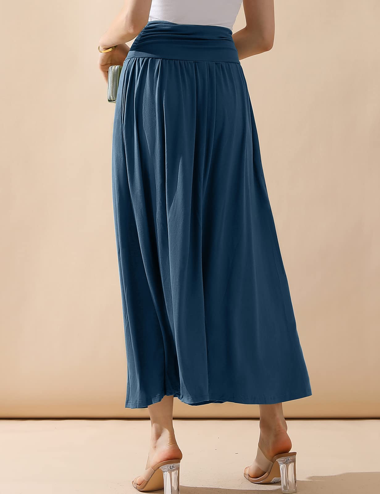 DOUBLJU Casual High Waisted Maxi Skirts with Pocket Elastic Wide Waist Band Flare Long Basic Skirts for Women Trendy Summer