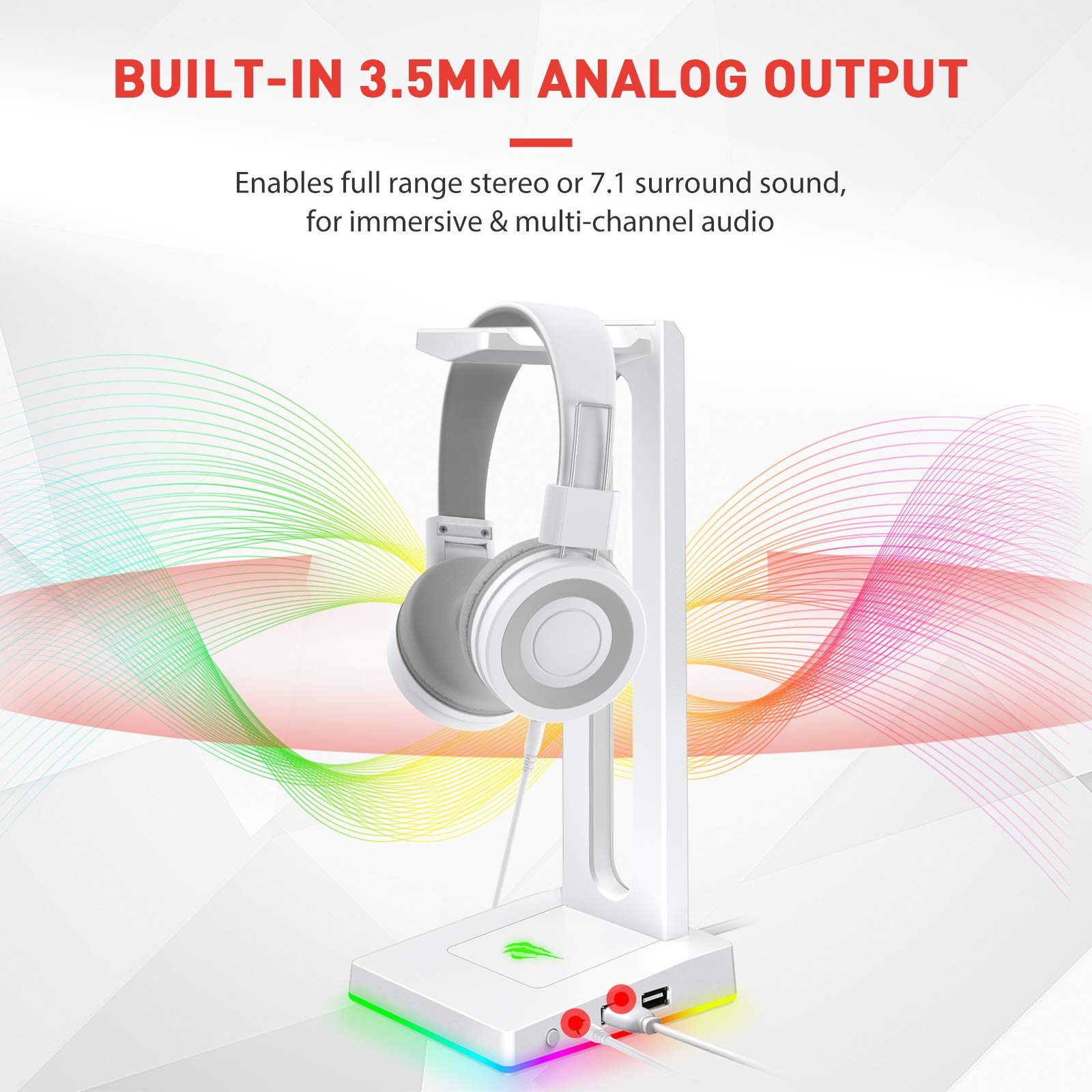 havit RGB Headphones Stand with 3.5mm AUX and 2 USB Ports, Headphone Holder for Gamers Gaming PC Accessories Desk (White)