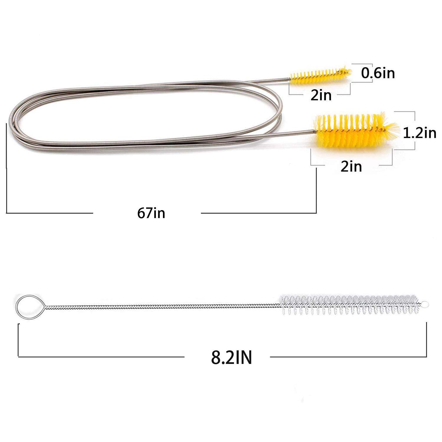 Flexible Drain Brush,Nylon Cleaner Double Ended Elastic Hose Pipe 67-inch and 2 PCS 8.2-inch Straw Cleaning Brush (Yellow)