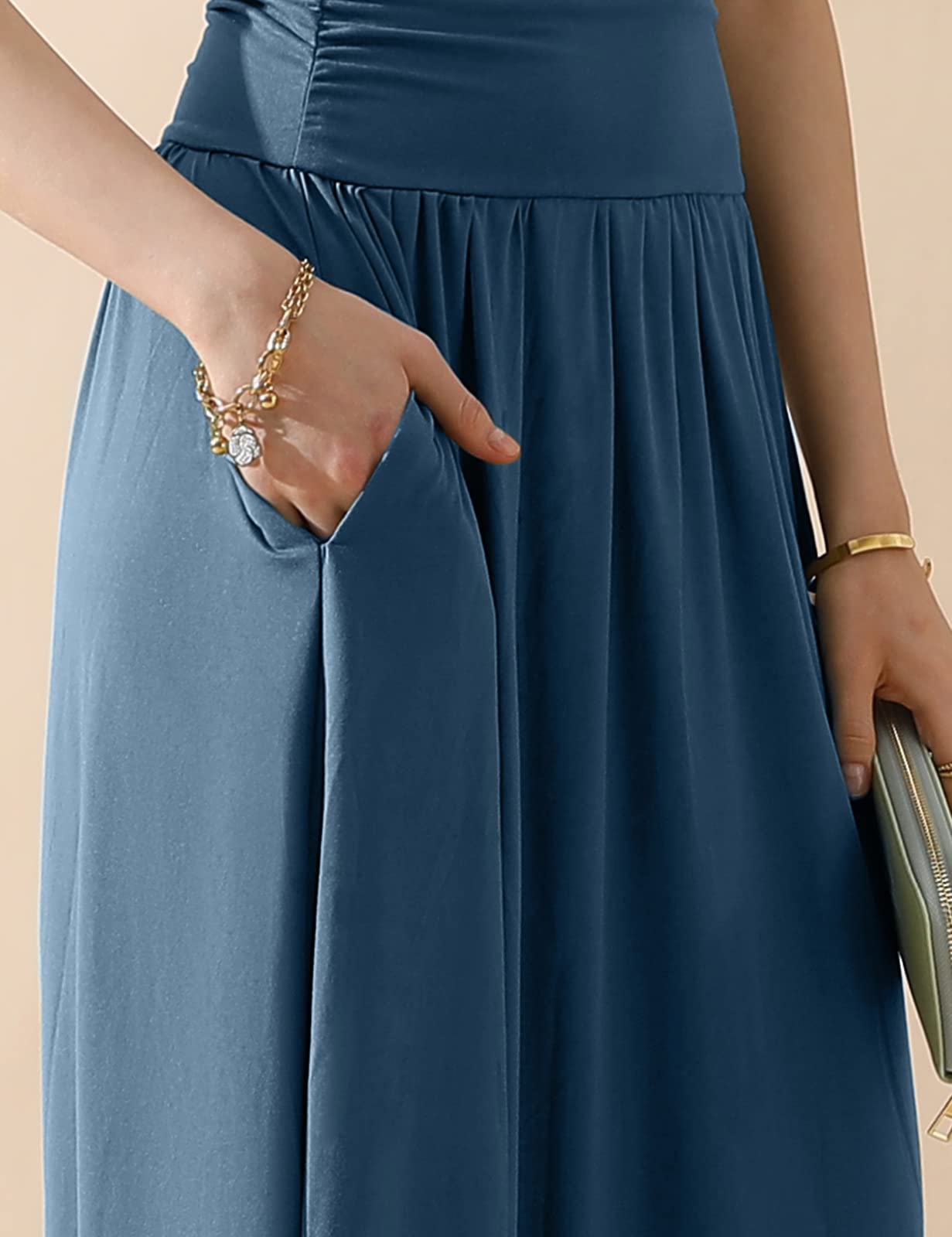 DOUBLJU Casual High Waisted Maxi Skirts with Pocket Elastic Wide Waist Band Flare Long Basic Skirts for Women Trendy Summer
