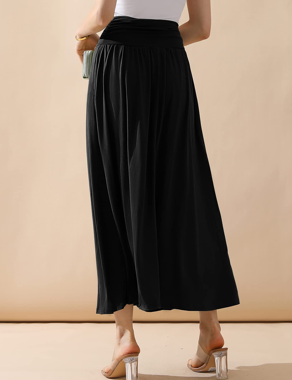 DOUBLJU Casual High Waisted Maxi Skirts with Pocket Elastic Wide Waist Band Flare Long Basic Skirts for Women Trendy Summer