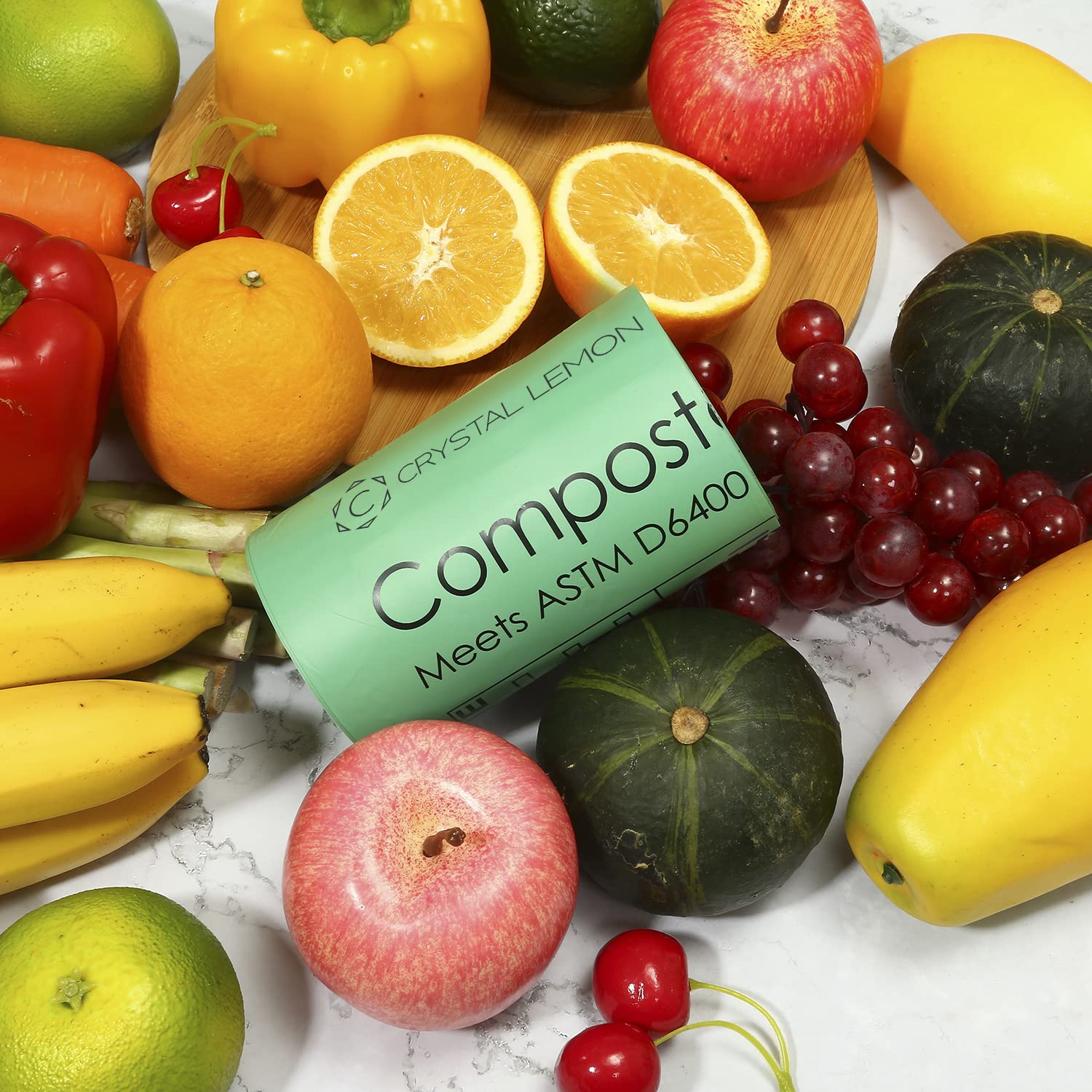 C Crystal Lemon 50 Count Biodegradable Kitchen Food Waste Bags - BPI Certified 6 Gallon Scraps Bags - Heavy Duty Compostable Waste Bags for Kitchen - Unscented Trash Bags 6 Gallon for Yard, Food