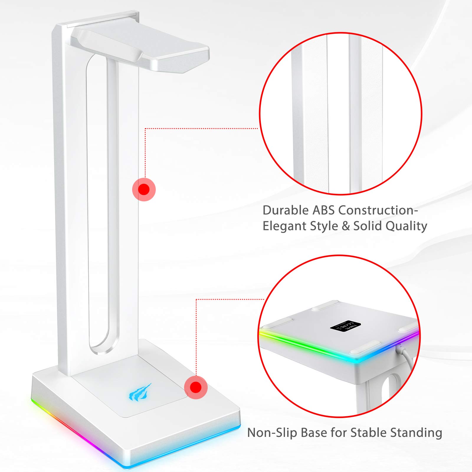 havit RGB Headphones Stand with 3.5mm AUX and 2 USB Ports, Headphone Holder for Gamers Gaming PC Accessories Desk (White)