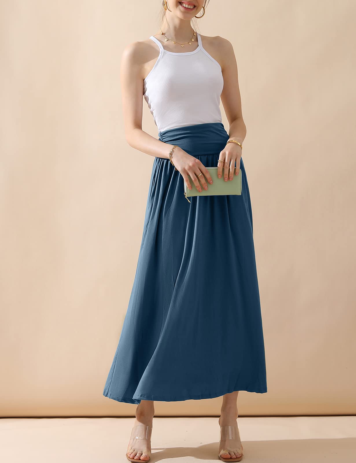 DOUBLJU Casual High Waisted Maxi Skirts with Pocket Elastic Wide Waist Band Flare Long Basic Skirts for Women Trendy Summer