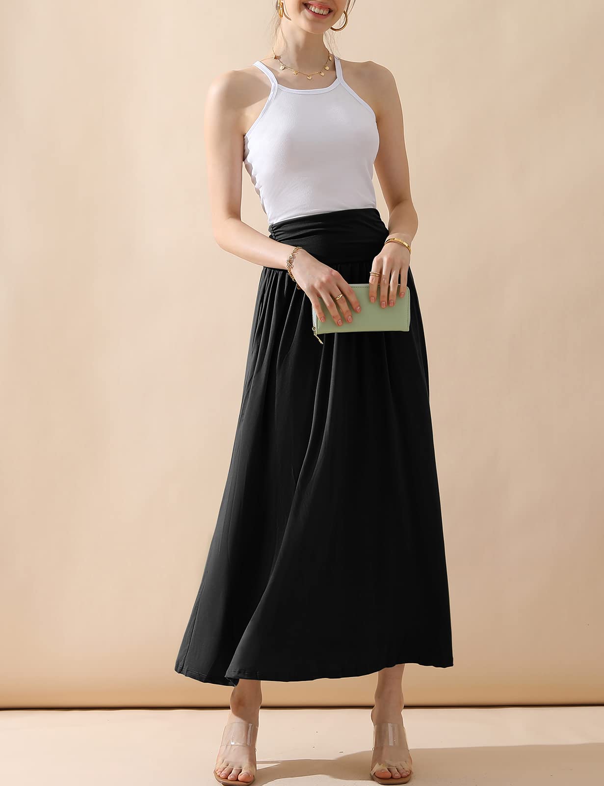 DOUBLJU Casual High Waisted Maxi Skirts with Pocket Elastic Wide Waist Band Flare Long Basic Skirts for Women Trendy Summer