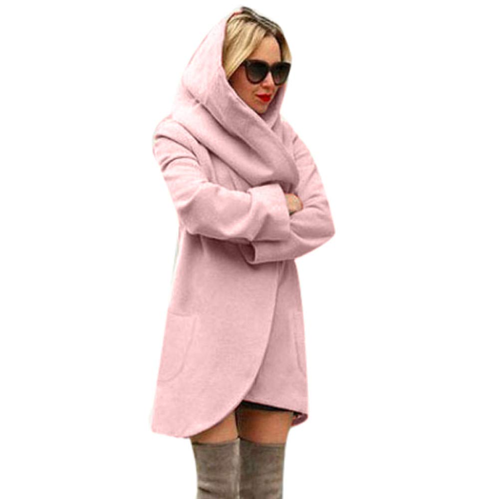 DONTAL Women Woolen Hooded Thin Coat Loose Ladies Casual Hoodies Jacket Overcoat Top Pink