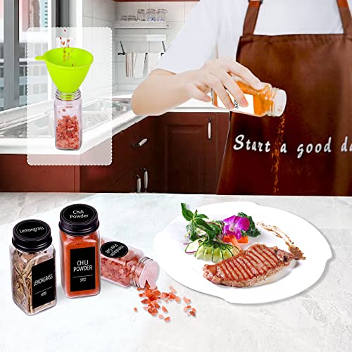 25 Spice Jars with 547 Labels- Glass Spice Jars with Black Metal Caps, 4oz Empty Spice Containers with Shaker Lids, Funnel, Chalk Pen, Churboro Square Seasoning Bottles for Spice Rack, Drawer, Cabinet