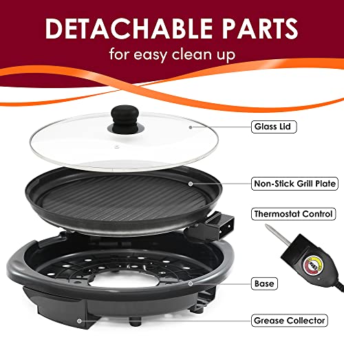 Smokeless Indoor Electric BBQ Grill with Glass Lid, Dishwasher Safe, PFOA-Free Nonstick, Adjustable Temperature, Fast Heat Up, Low-Fat Meals Easy to Clean Design