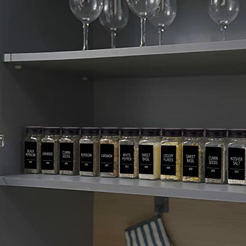 25 Spice Jars with 547 Labels- Glass Spice Jars with Black Metal Caps, 4oz Empty Spice Containers with Shaker Lids, Funnel, Chalk Pen, Churboro Square Seasoning Bottles for Spice Rack, Drawer, Cabinet