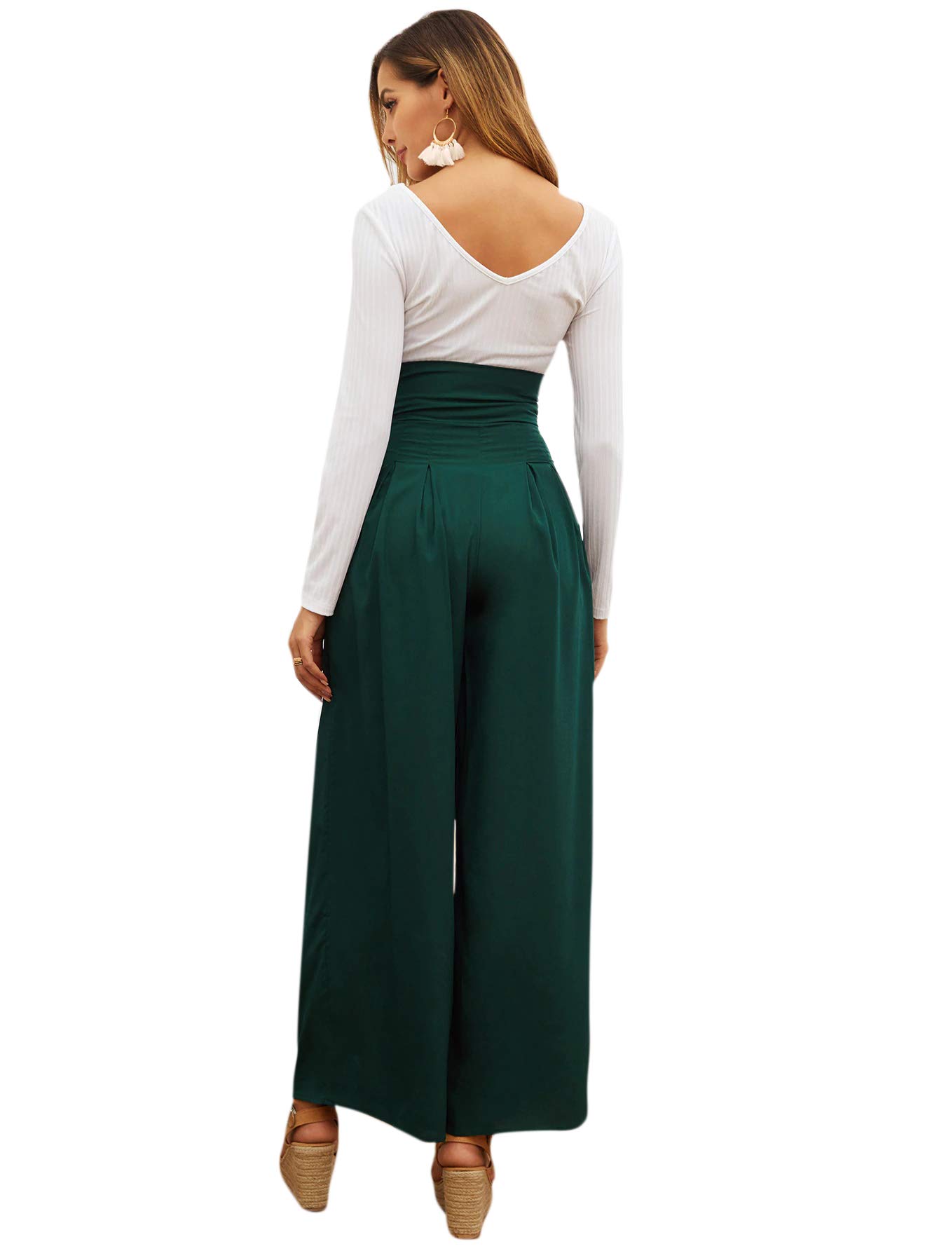 SweatyRocks Women's Casual High Waist Belted Wide Leg Pants with Pocket Green L