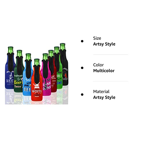 Summer Beer Bottle Insulator Sleeve with Zipper Neoprene Insulated Bottle Jackets Keep Warm and Cold Beer Bottle Sleeves with Stitched Fabric Edges for Party (8 Piece, Artsy Style)