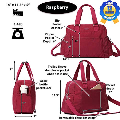 Lily & Drew Nylon Travel Tote Cross-body Carry On Bag with shoulder strap (Raspberry)