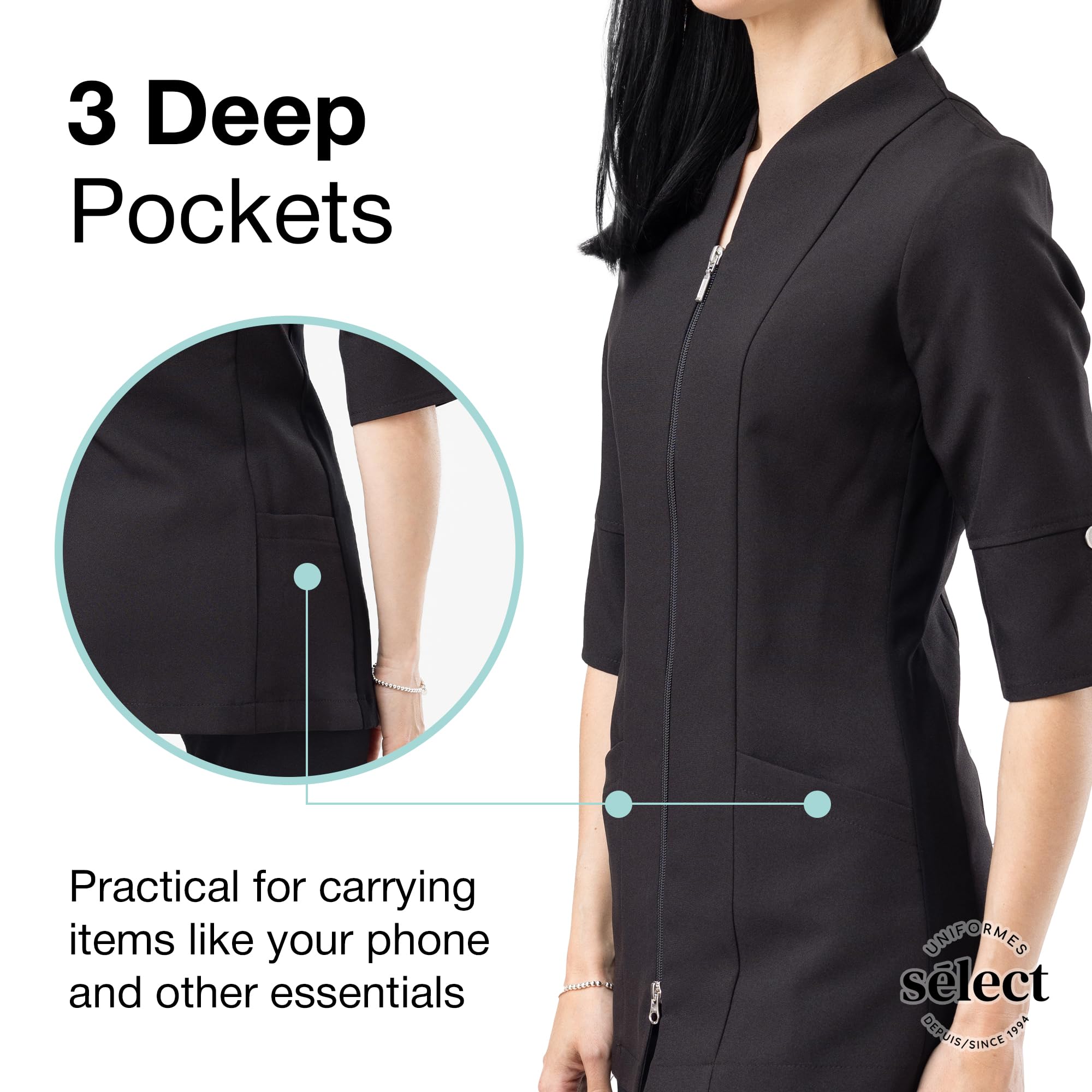 Lab Coat Srubs for Women – Uniform for Spa, Esthetician, Dental - Swan Collar (XL, Black)