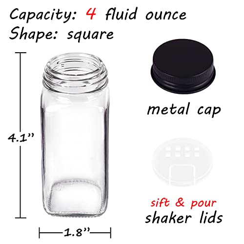 25 Spice Jars with 547 Labels- Glass Spice Jars with Black Metal Caps, 4oz Empty Spice Containers with Shaker Lids, Funnel, Chalk Pen, Churboro Square Seasoning Bottles for Spice Rack, Drawer, Cabinet