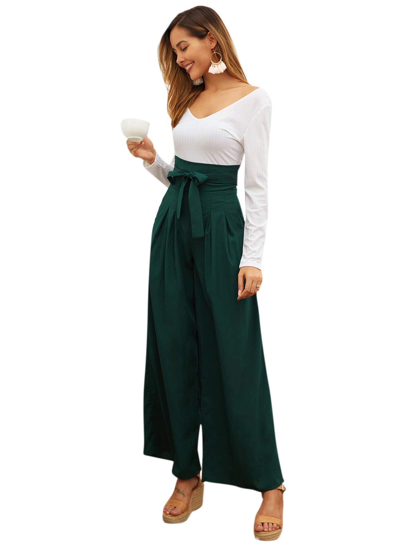 SweatyRocks Women's Casual High Waist Belted Wide Leg Pants with Pocket Green L