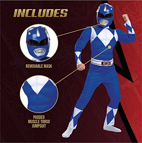 Blue Power Ranger Costume, Kids Size Beast Morphers Muscle Padded Character Jumpsuit and Mask, Classic Child Size Medium (7-8)