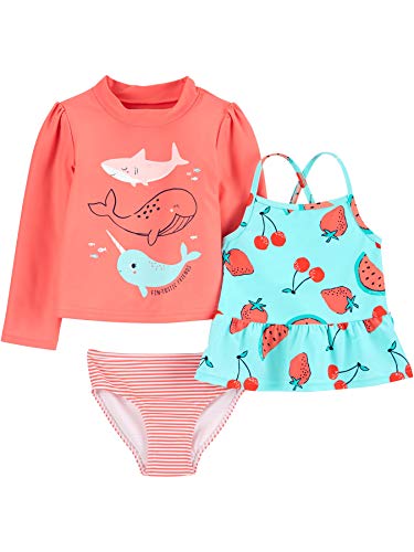 Simple Joys by Carter's Girls' 3-Piece Assorted Rashguard Sets, Orange Sea Life/Red Fruit/Stripe, 18 Months