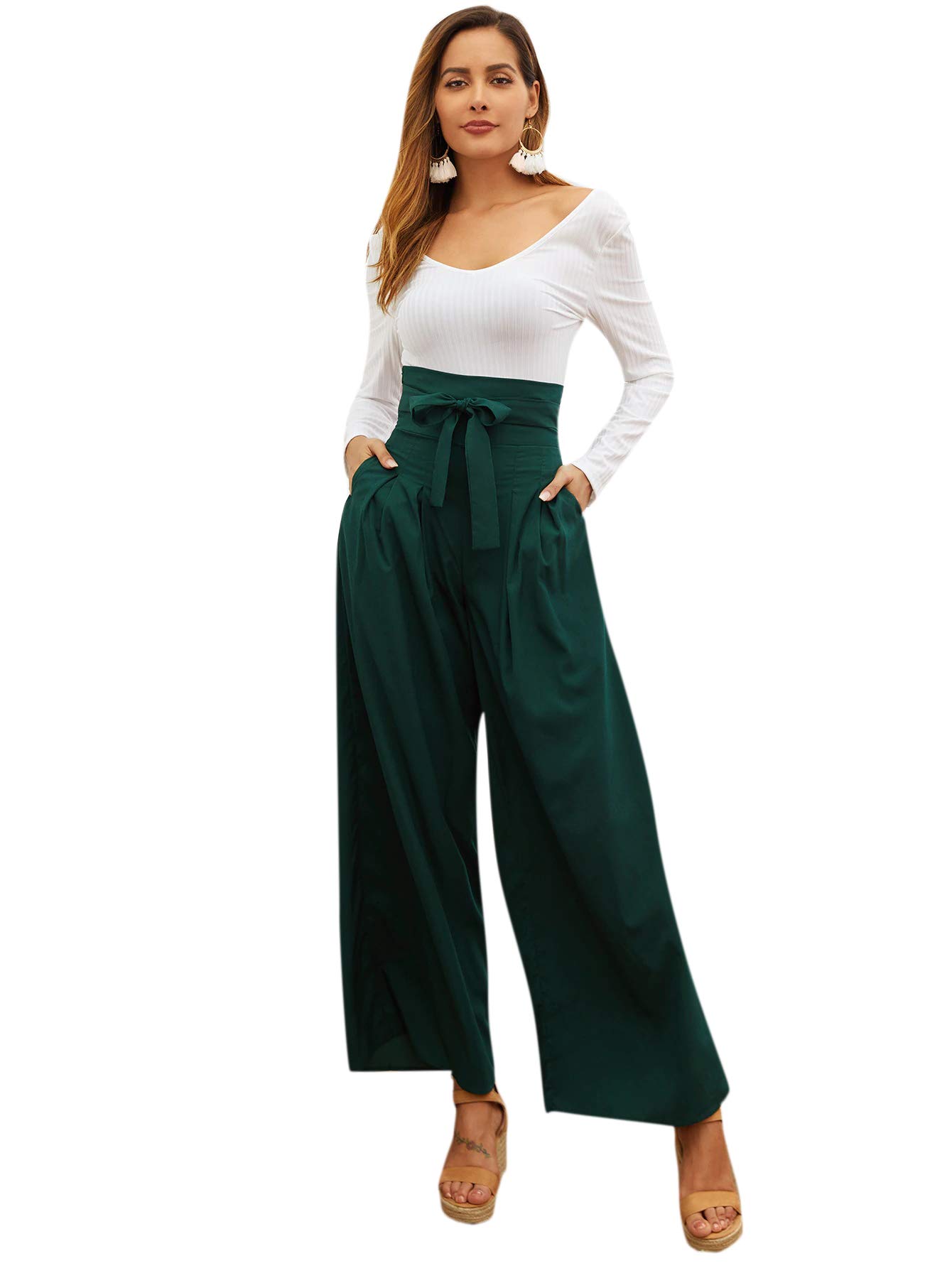 SweatyRocks Women's Casual High Waist Belted Wide Leg Pants with Pocket Green L