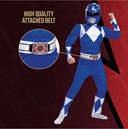 Blue Power Ranger Costume, Kids Size Beast Morphers Muscle Padded Character Jumpsuit and Mask, Classic Child Size Medium (7-8)