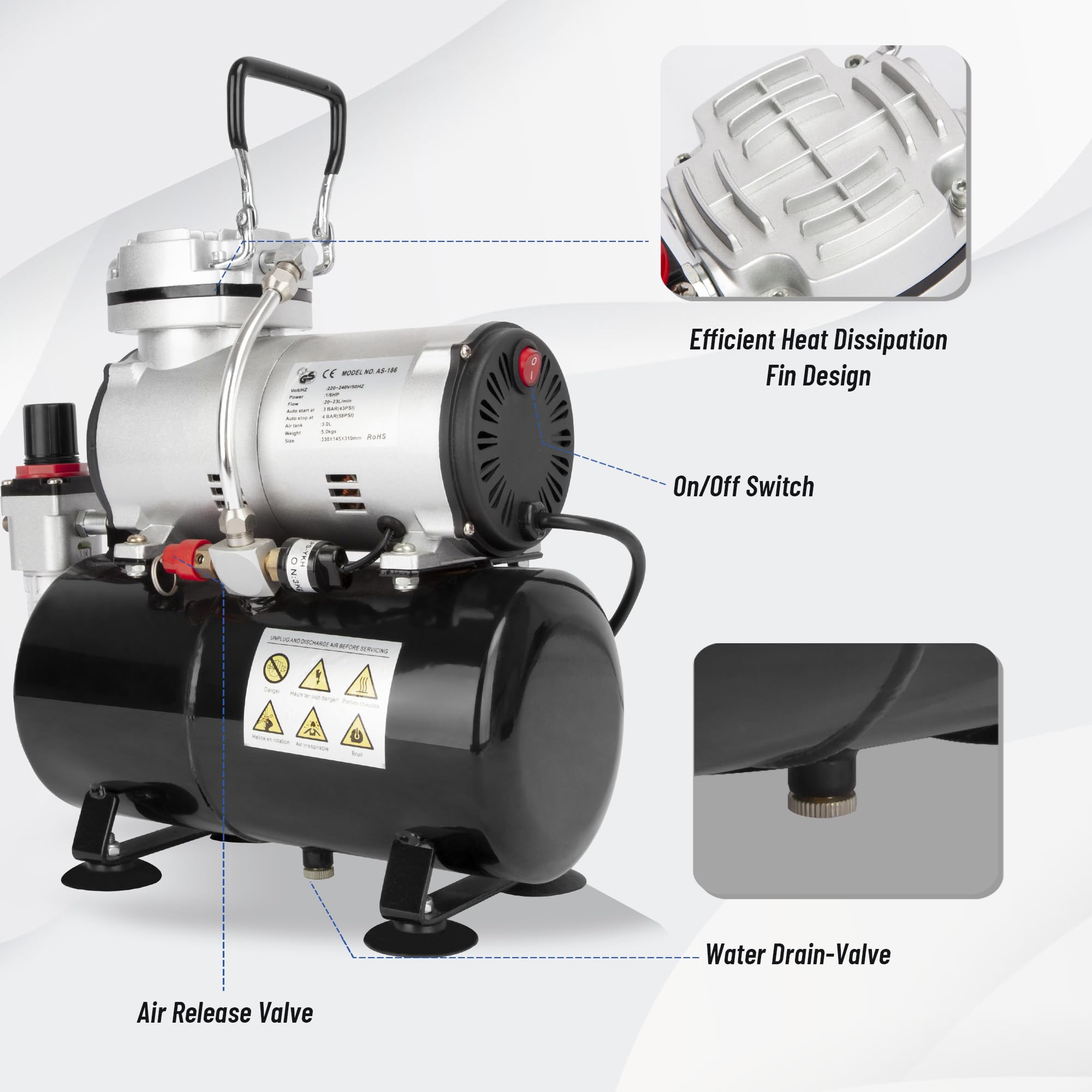 Timbertech Airbrush Compressor, High-performance Single-Piston Oil-free Mini Compressor AS186 with 3L Tank, Regulator, Moisture Trap for Hobby, Cake Decoration, Tattoo, Automotive Graphic, Make-up