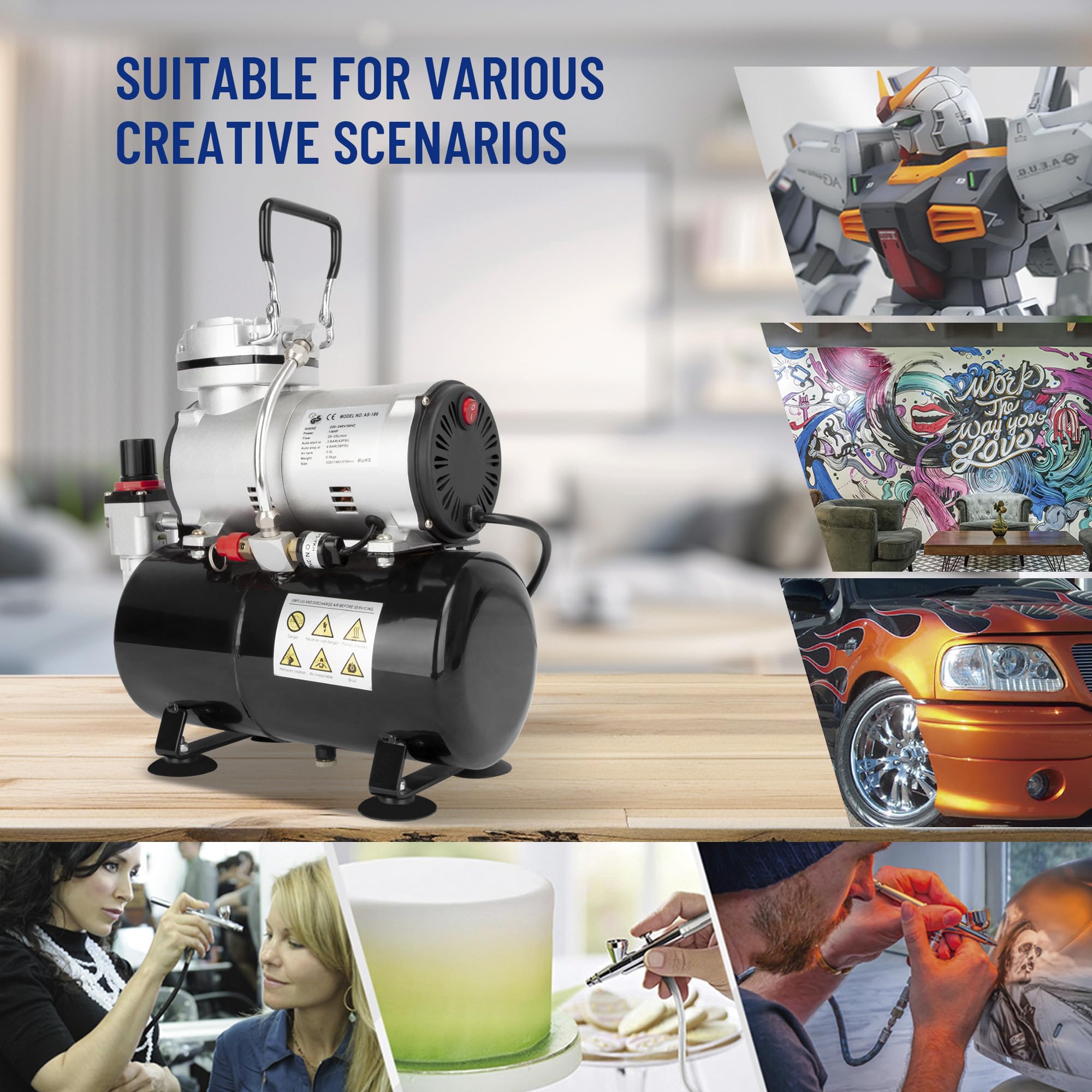 Timbertech Airbrush Compressor, High-performance Single-Piston Oil-free Mini Compressor AS186 with 3L Tank, Regulator, Moisture Trap for Hobby, Cake Decoration, Tattoo, Automotive Graphic, Make-up