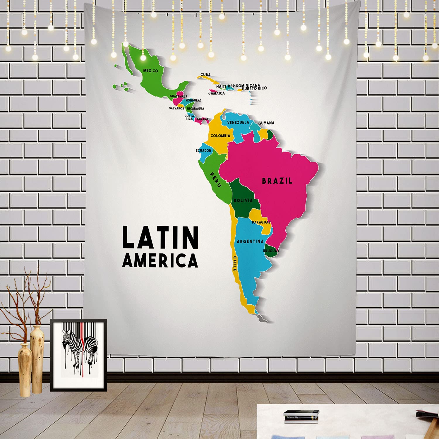 Batmerry Map America Colorful Tapestry, Map of The Americas Picnic Mat Hippie Trippy Tapestry Wall Art Meditation Decor for Bedroom Living Room Dorm, 59.1 x 39.4 Inches, World Map