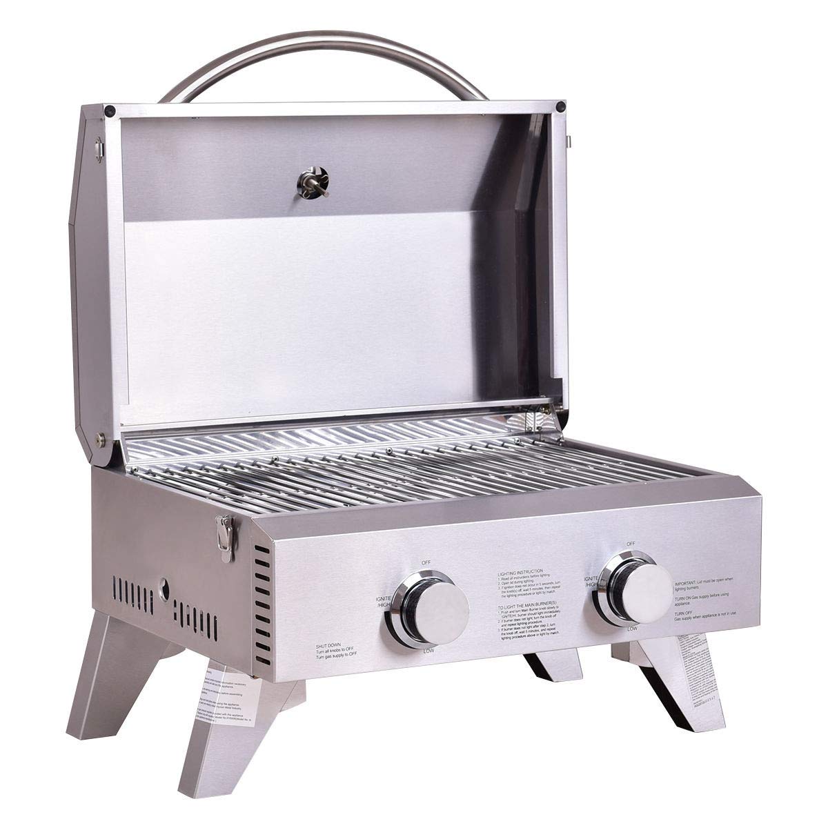 Kanizz Portable Patio LPG Dual Burner Barbeque Grill Stove w/Lid, Garden Camping Kitchen Tabletop Grill Double Burner Head 20,000 BTU Max LPG, Low Smoke Adjustable 2 Burner
